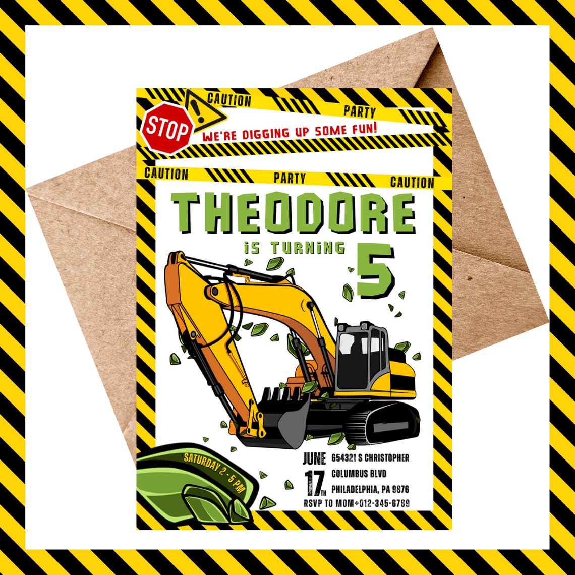 Excavator Digital Birthday Invitation, Construction Theme Birthday ...