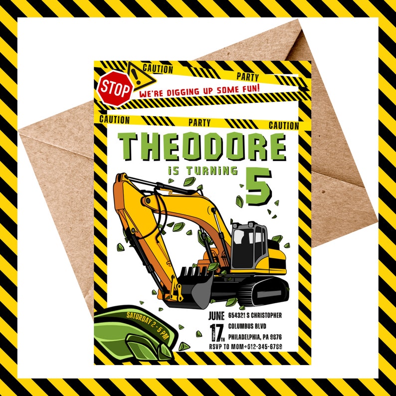 Excavator Digital Birthday Invitation, Construction Theme Birthday ...