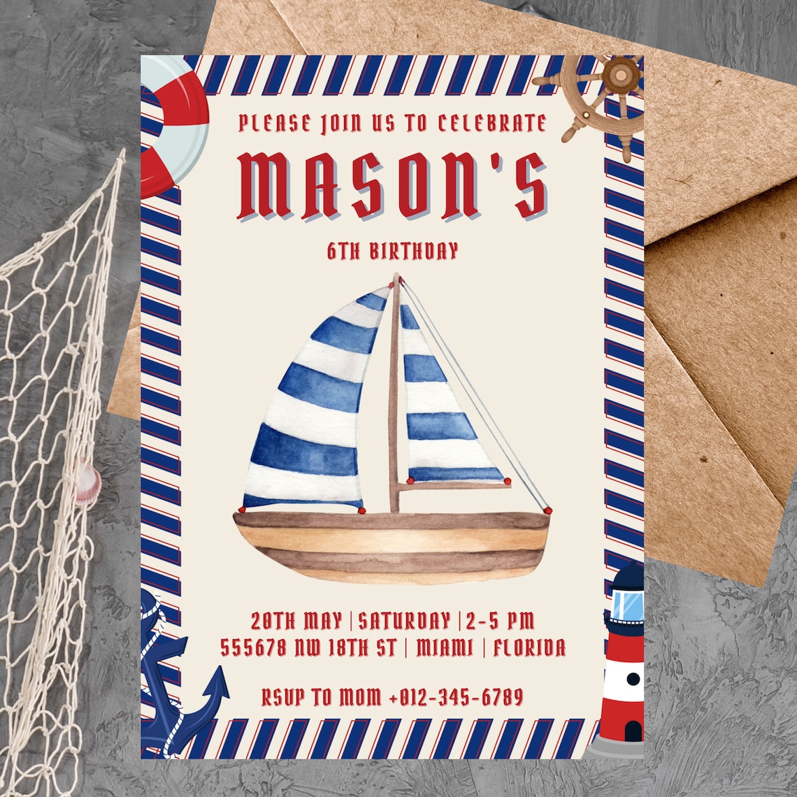Nautical Birthday Invitation, Nautical Party Invitation, Editable ...