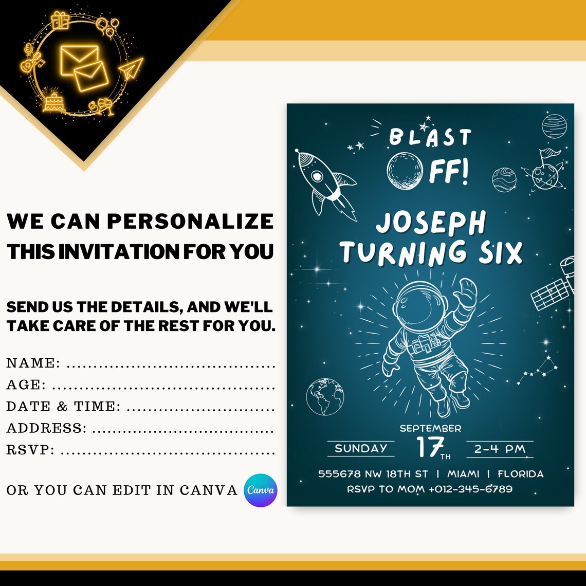 Editable Space Birthday Invitation, Rocket Ship Invitation, Space ...