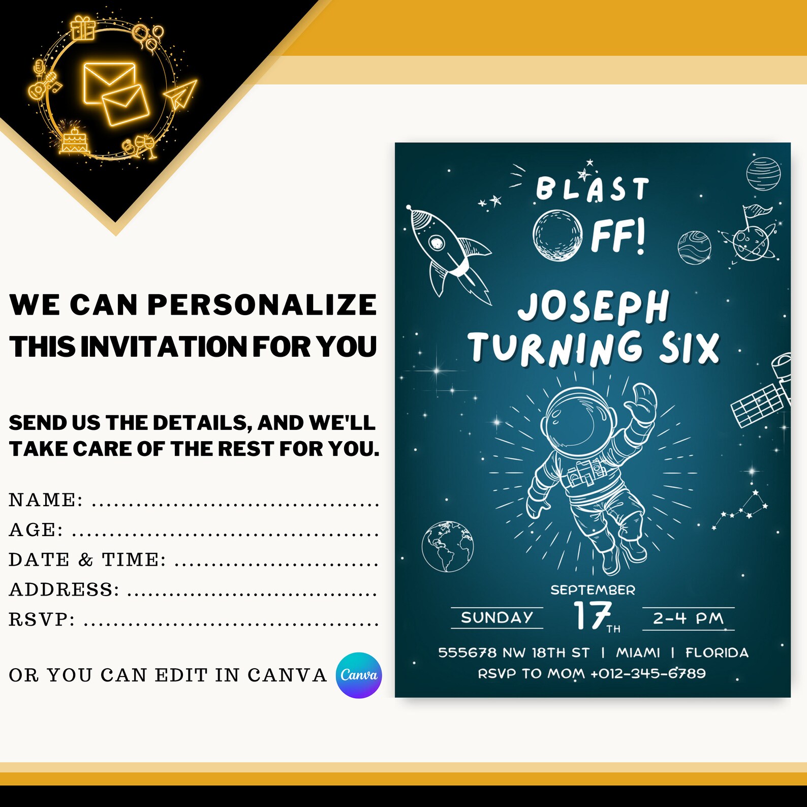 Editable Space Birthday Invitation, Rocket Ship Invitation, Space ...