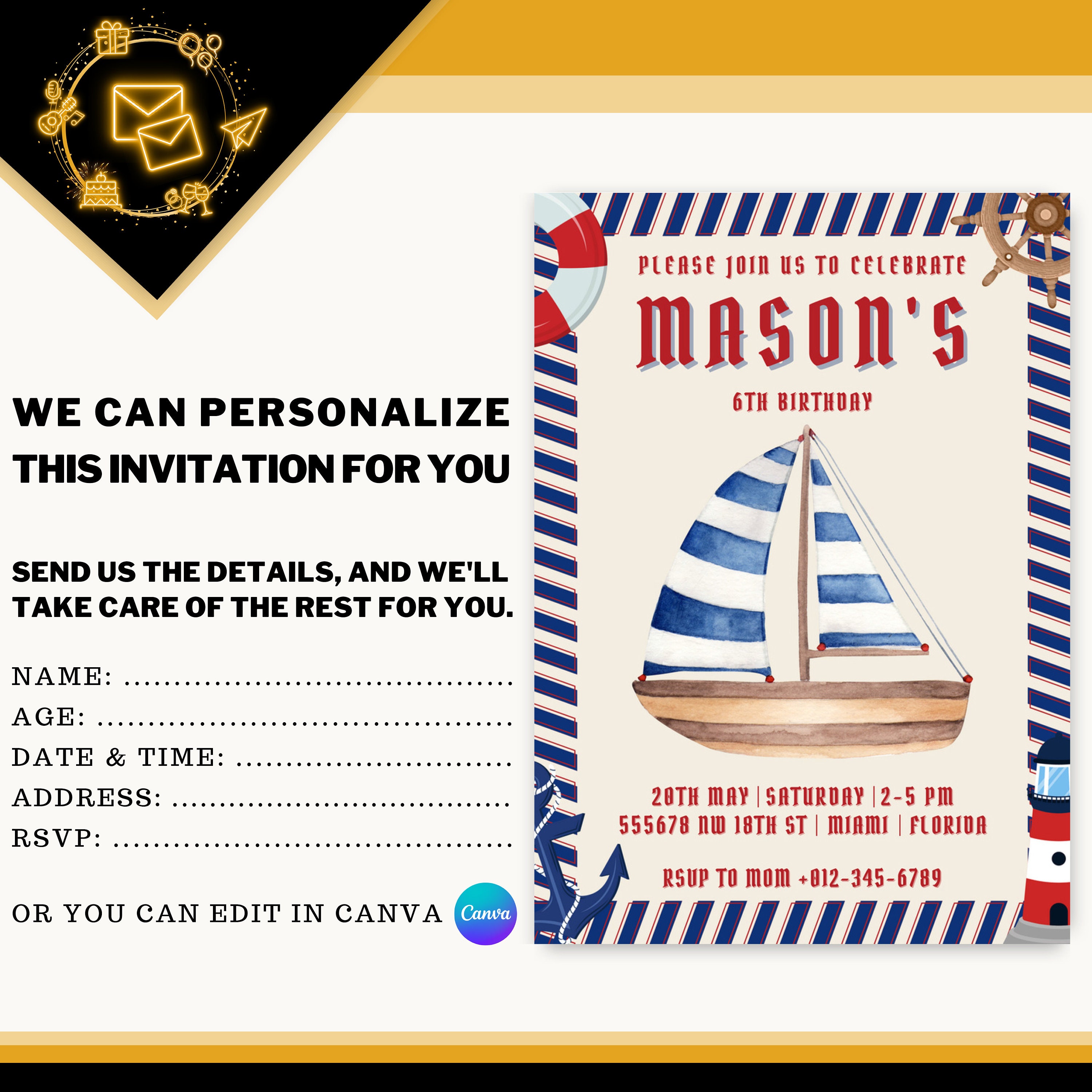 Nautical Birthday Invitation, Nautical Party Invitation, Editable ...