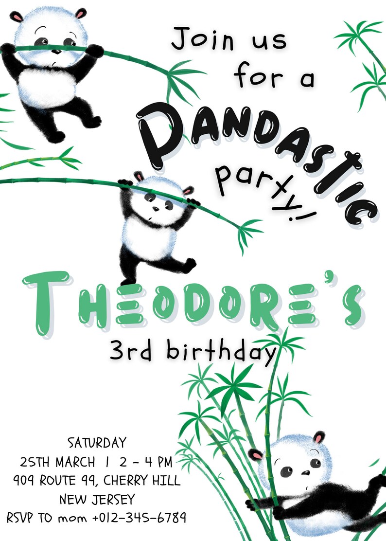 Panda Birthday Invitation, Panda Party Digital Invite, 3 Year Old ...