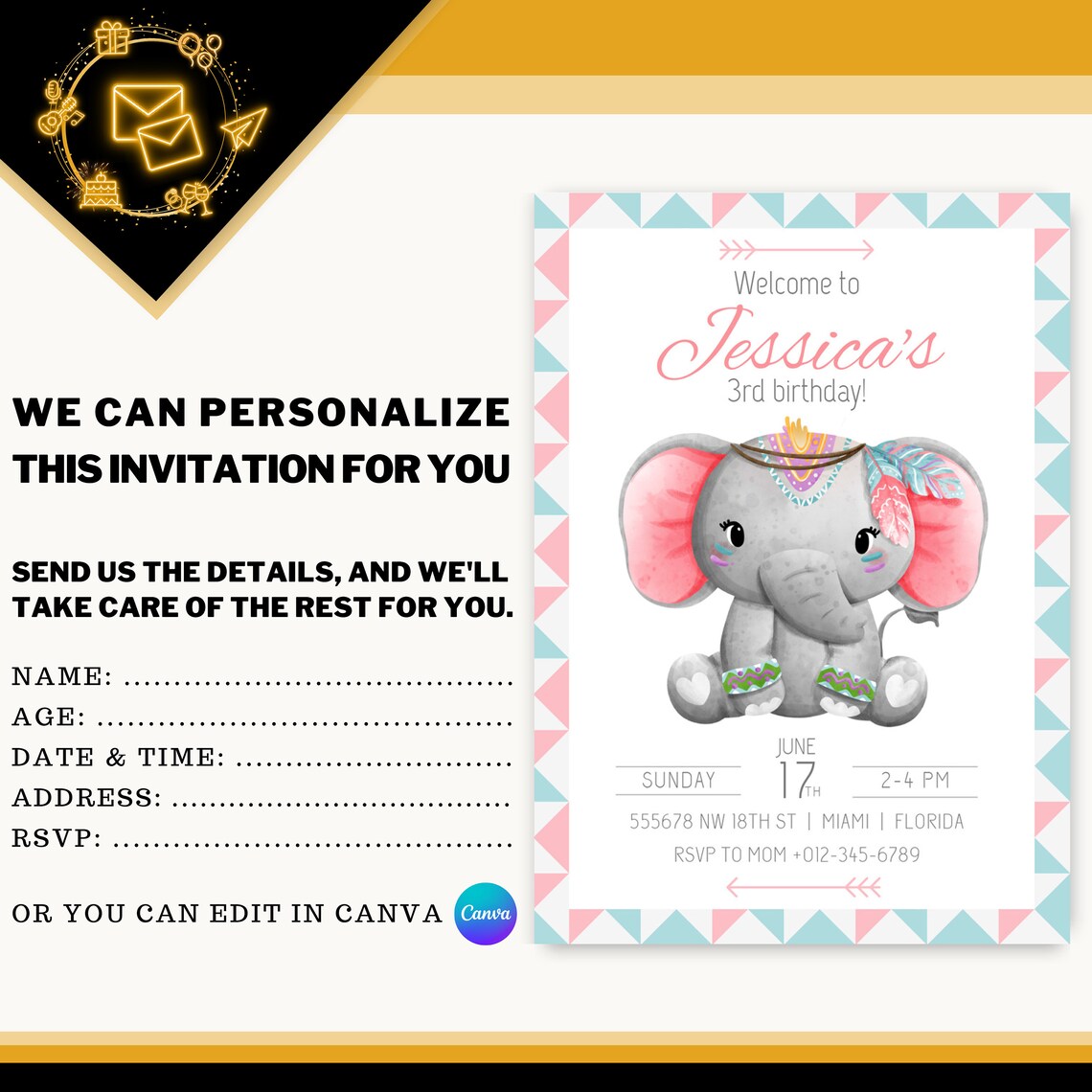 Cute Elephant Birthday Party Invitation, Editable Elephant Birthday ...