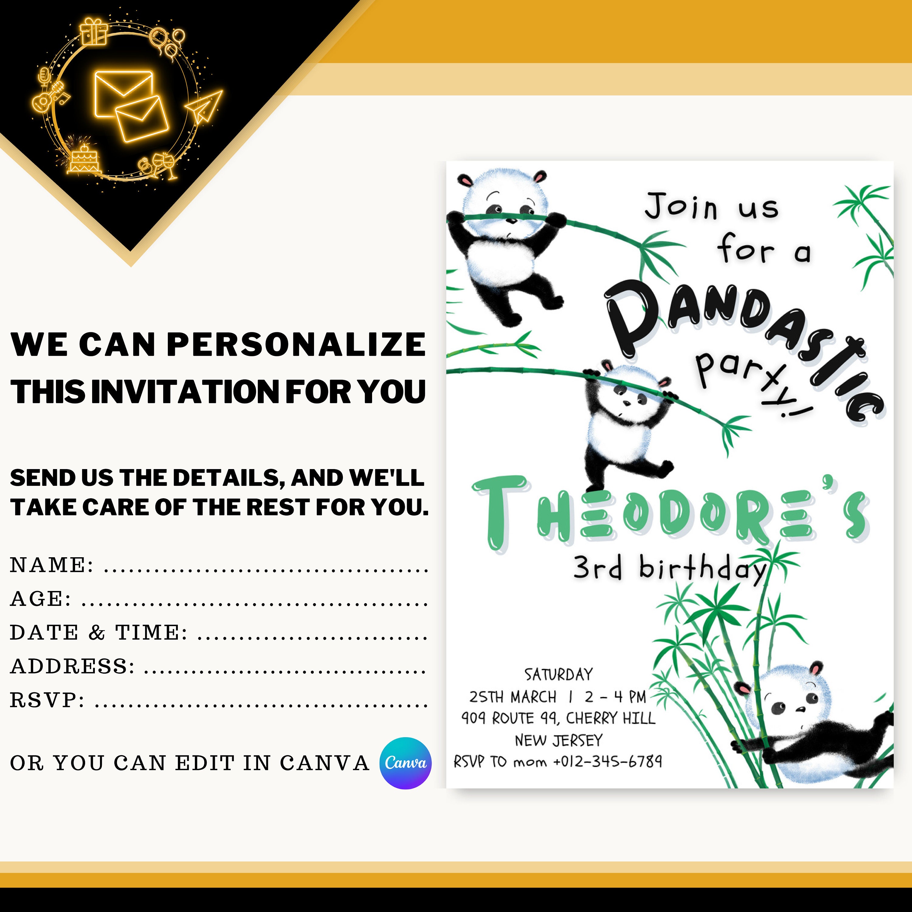 Panda Birthday Invitation, Panda Party Digital Invite, 3 Year Old ...