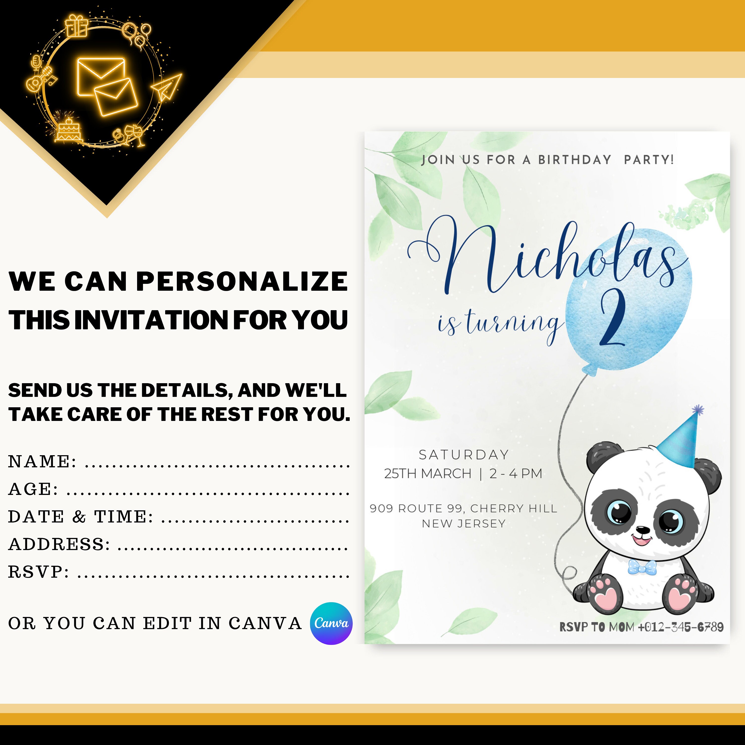 Editable Panda Birthday Invitation, 2 Year Old Birthday Party ...