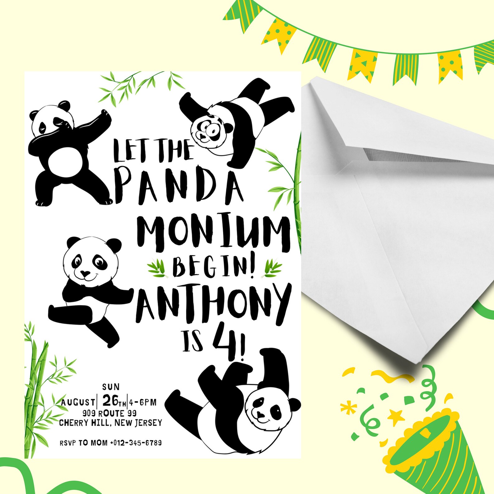 Panda Birthday Invitation, Editable Panda Birthday Party Invite, Pandas ...