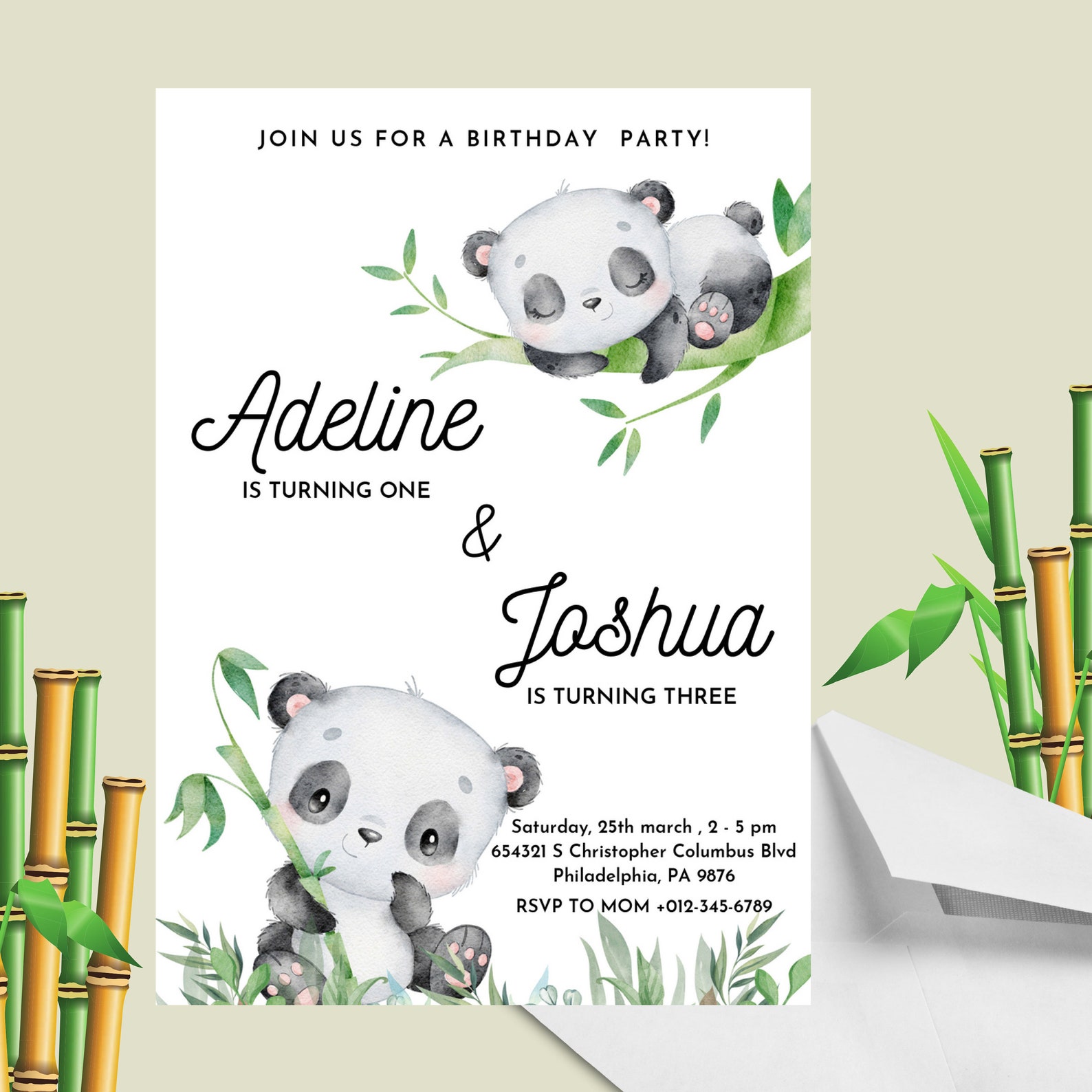 Editable Panda Birthday Party Invitation, Printable Birthday Invite, 3 ...