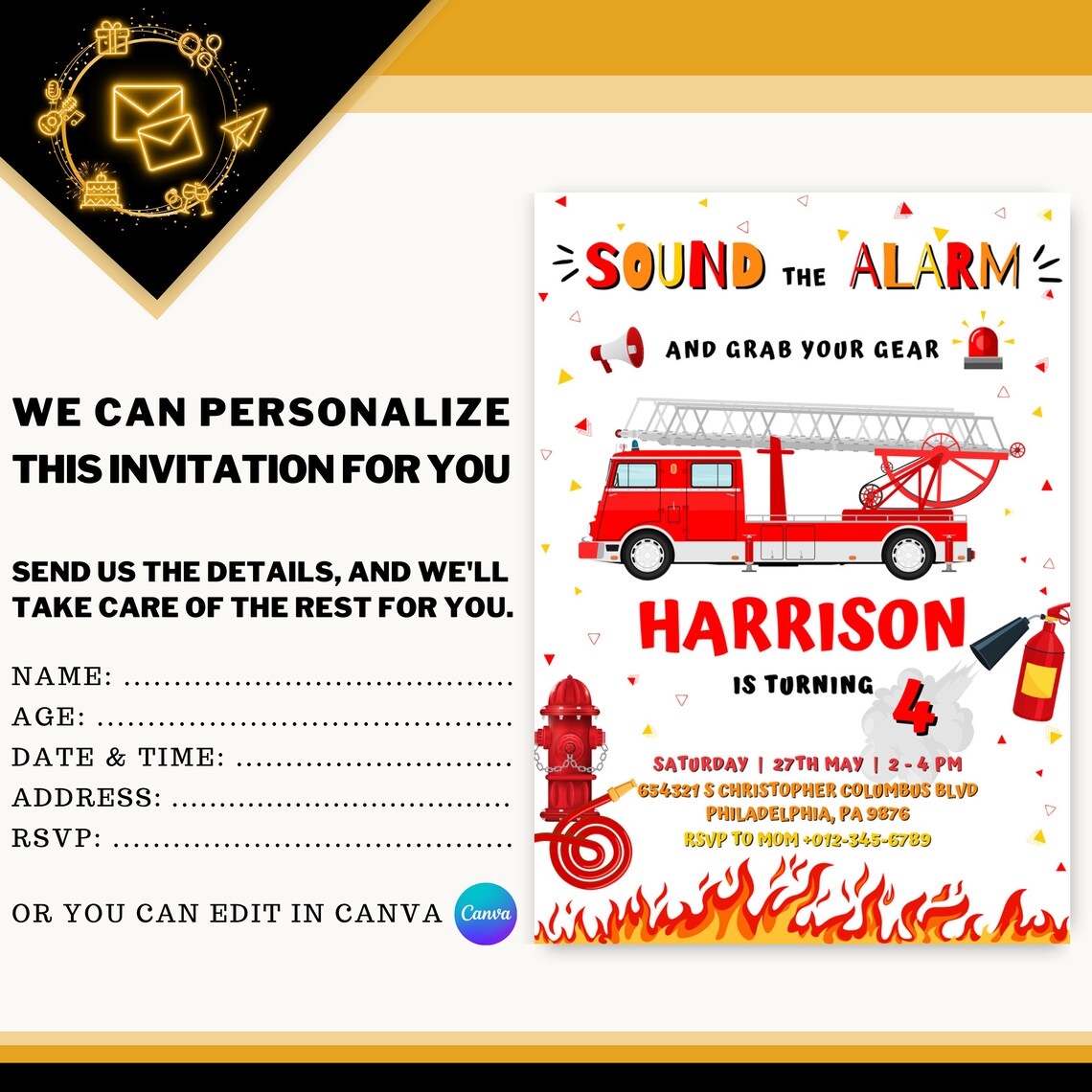 Editable Fire Truck Birthday Invitation, 4 Year Old Birthday Fire Truck ...