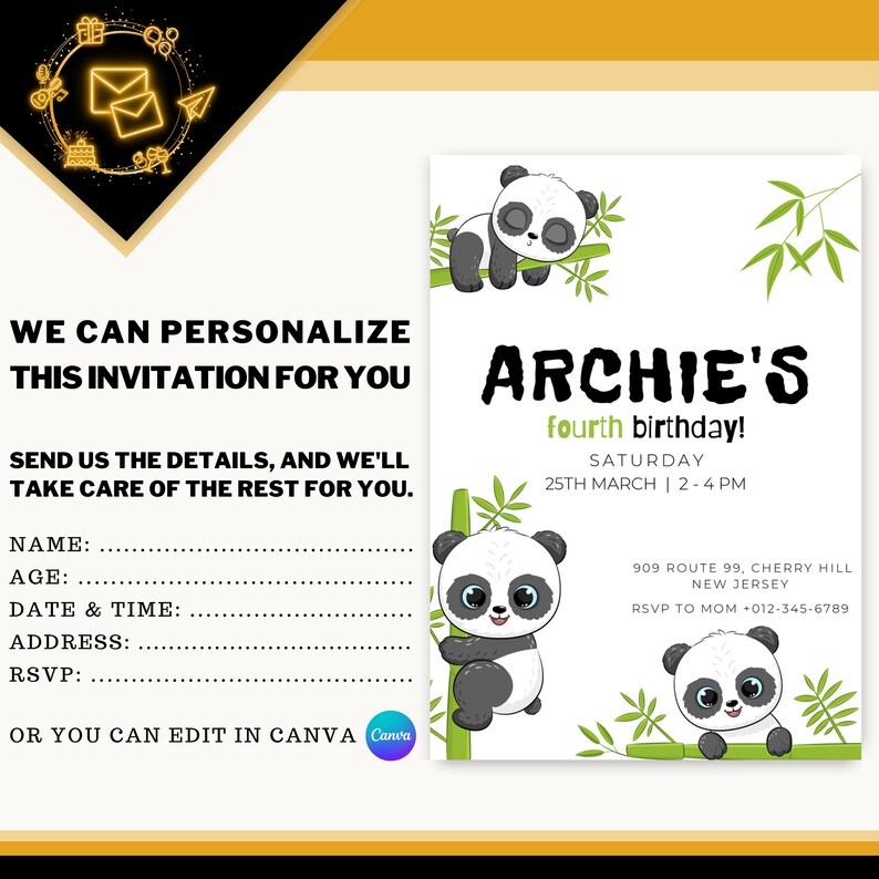 Editable Panda Birthday Party Invite, Panda Birthday Invitation, Pandas ...