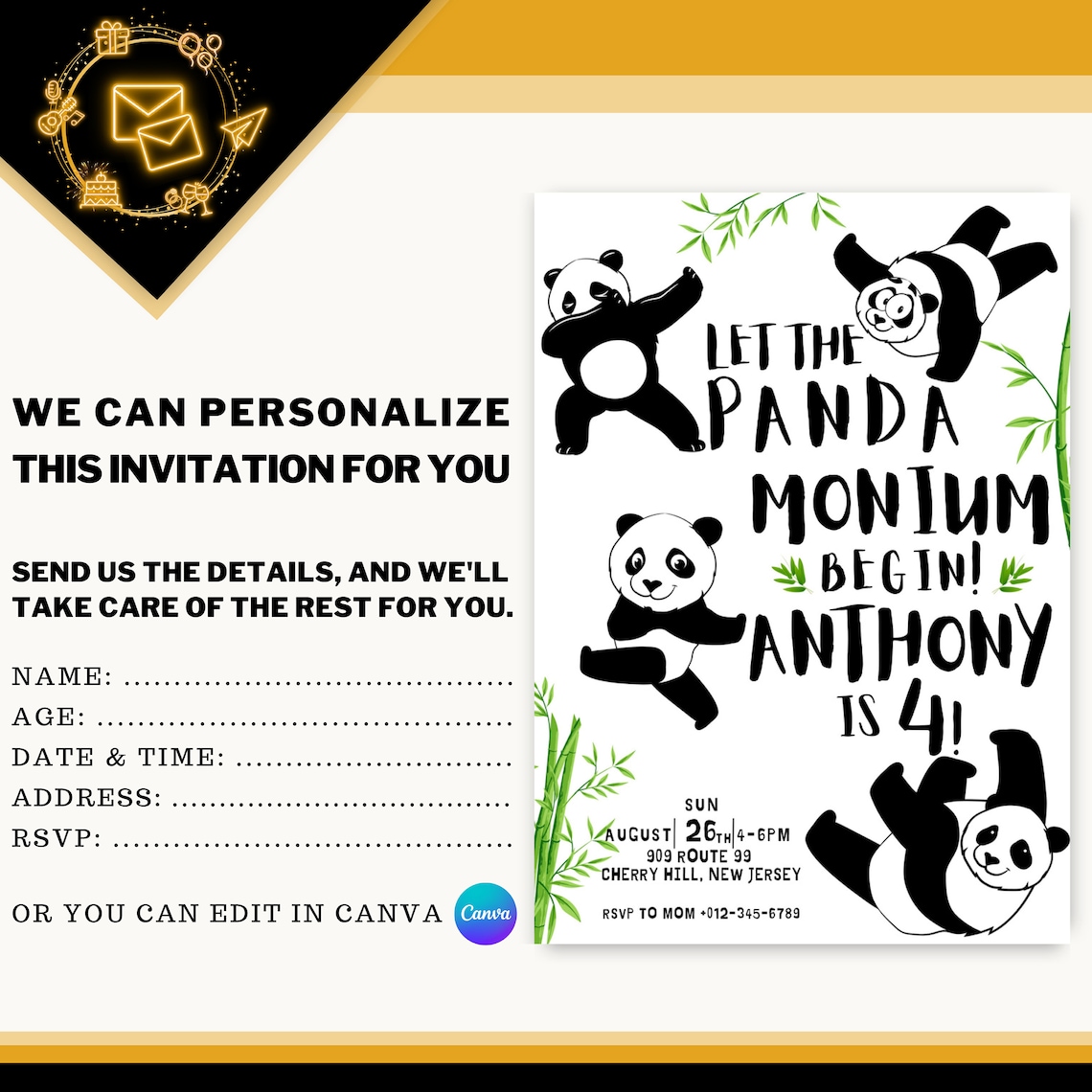 Panda Birthday Invitation, Editable Panda Birthday Party Invite, Pandas ...