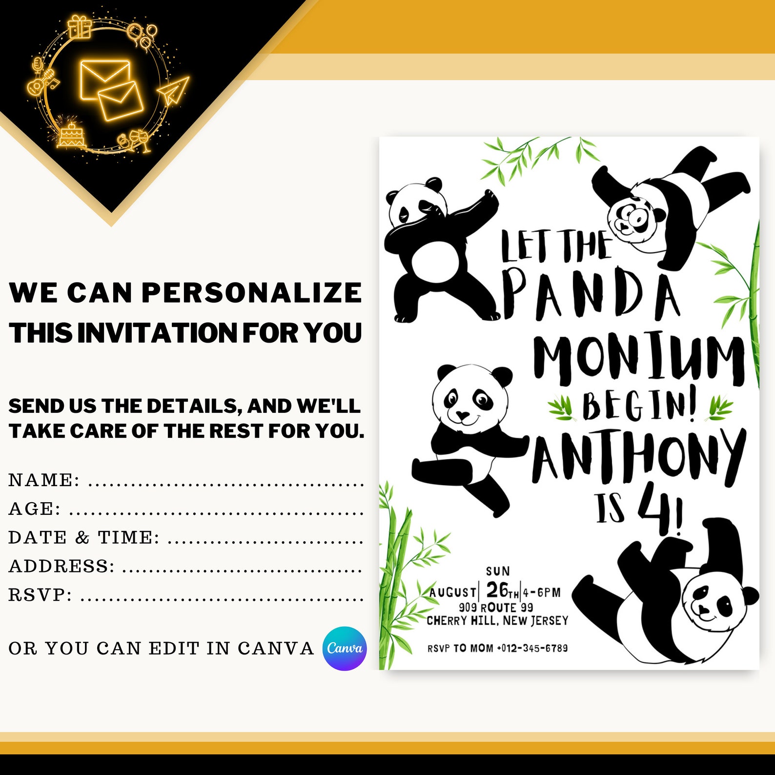 Panda Birthday Invitation, Editable Panda Birthday Party Invite, Pandas ...