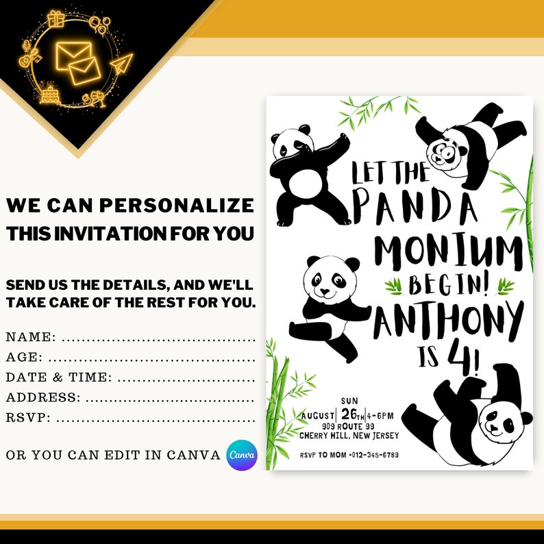Panda Birthday Invitation, Editable Panda Birthday Party Invite, Pandas ...