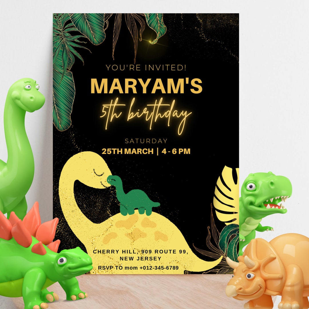 Dinosaur Birthday Invitation, Dino Gold Party Invitation, 5 Year Old ...