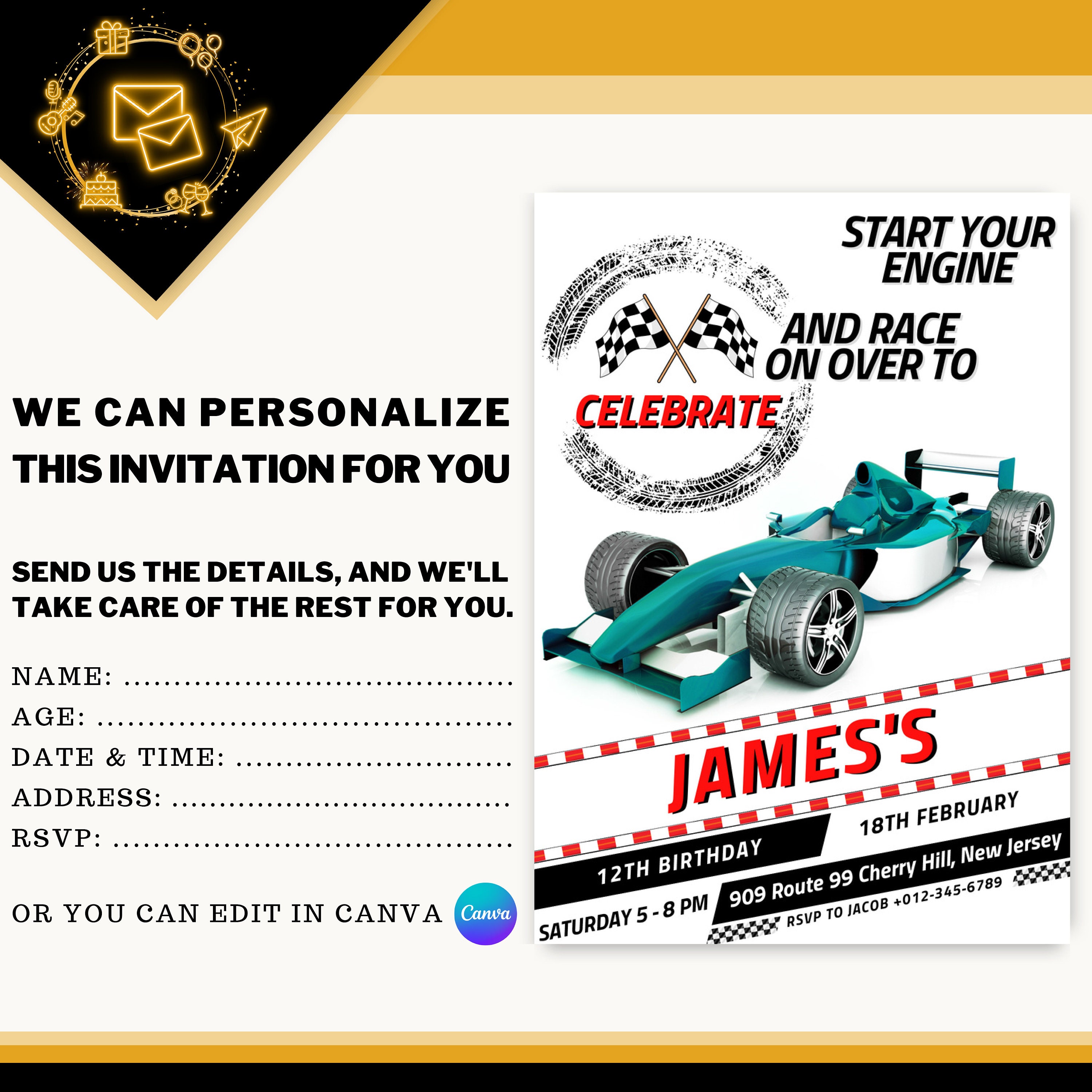 Editable Formula Birthday Invitation, Formula Car Birthday Invitation ...
