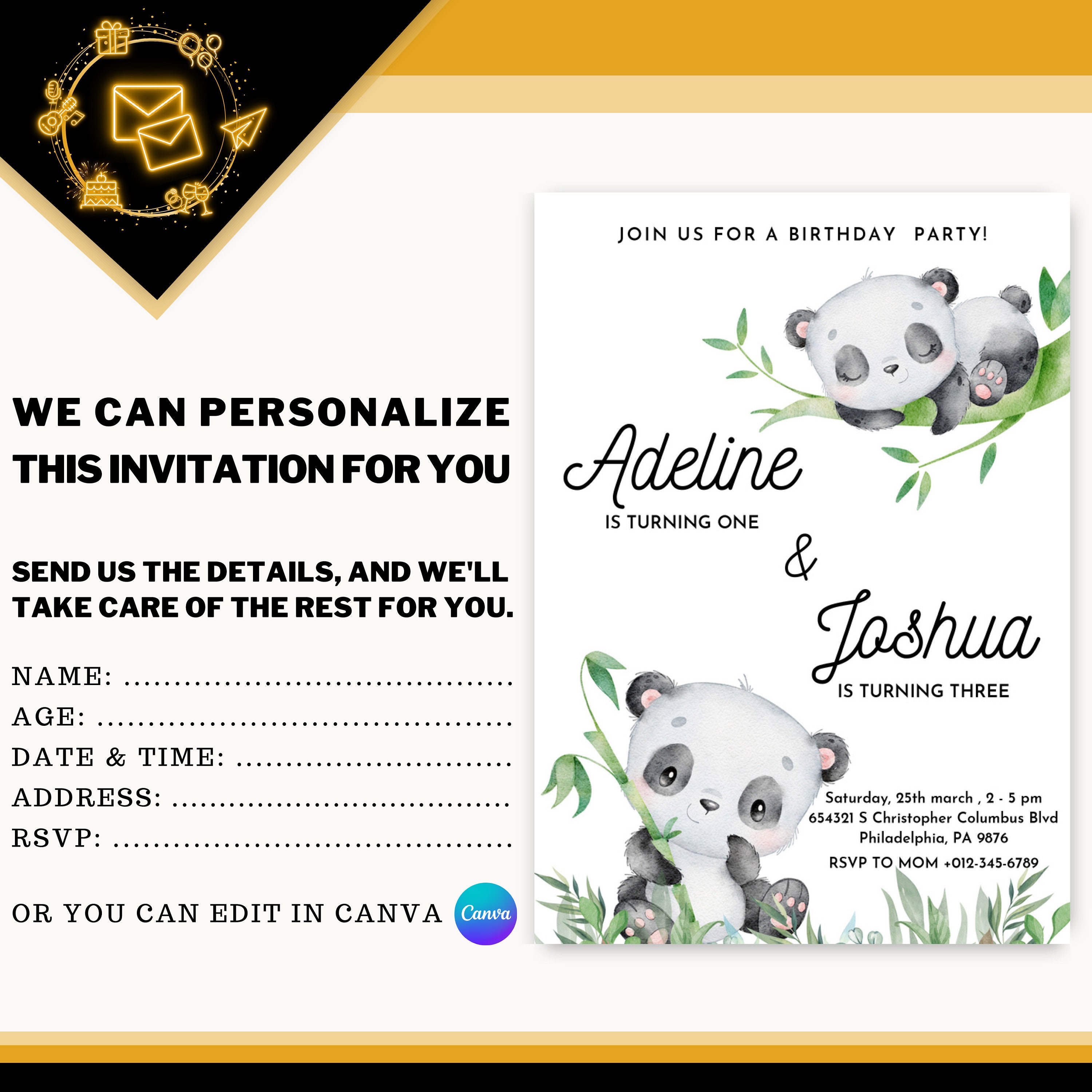 Editable Panda Birthday Party Invitation, Printable Birthday Invite, 3 ...