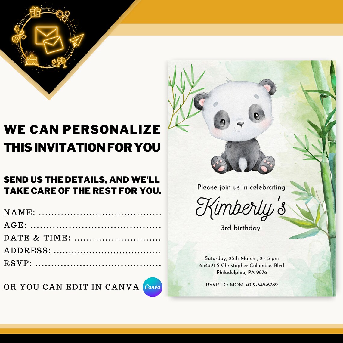 Editable Panda Birthday Party Invitation, Printable Birthday Invitation ...