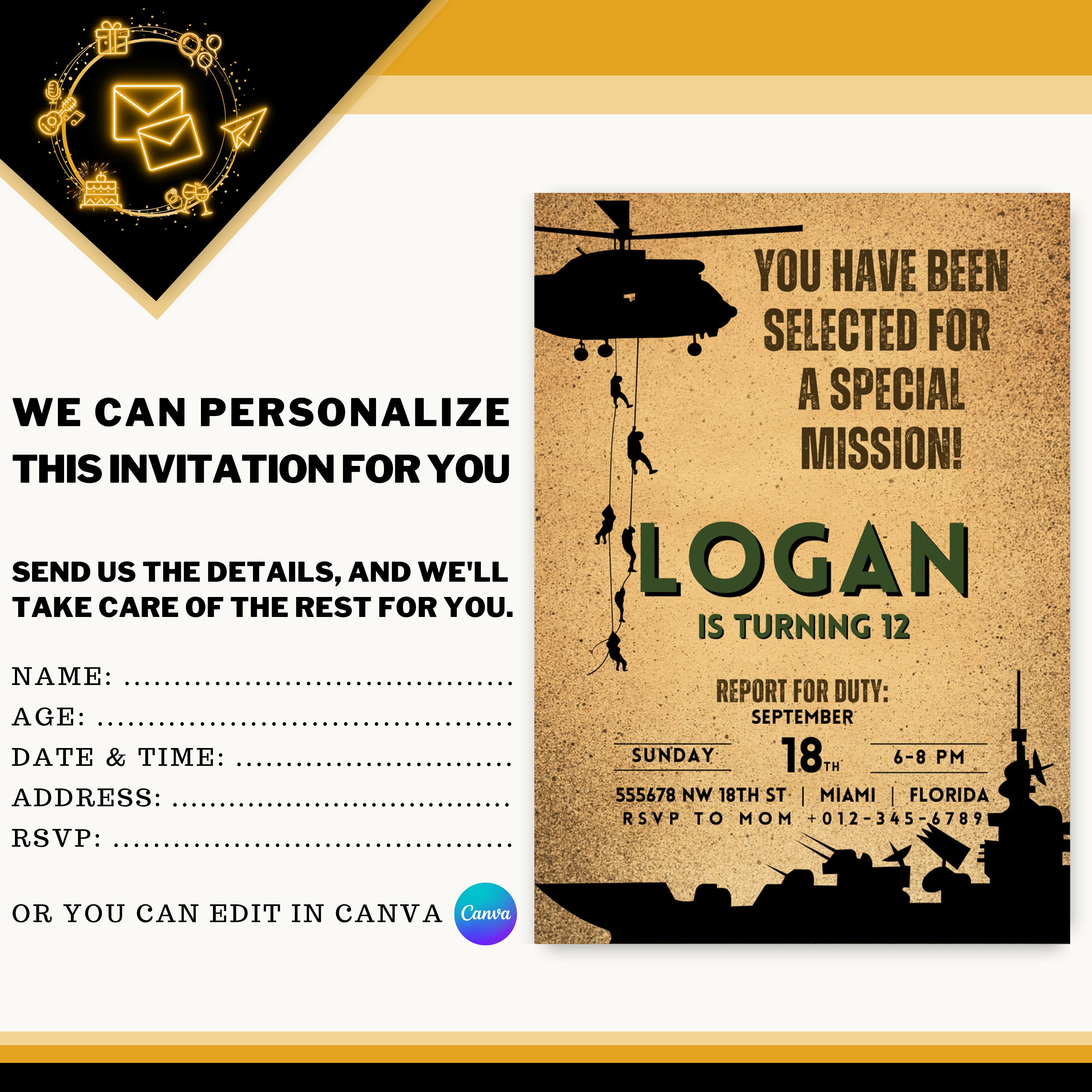 Editable Army Birthday Invitation, Military Birthday Invitation, Army ...