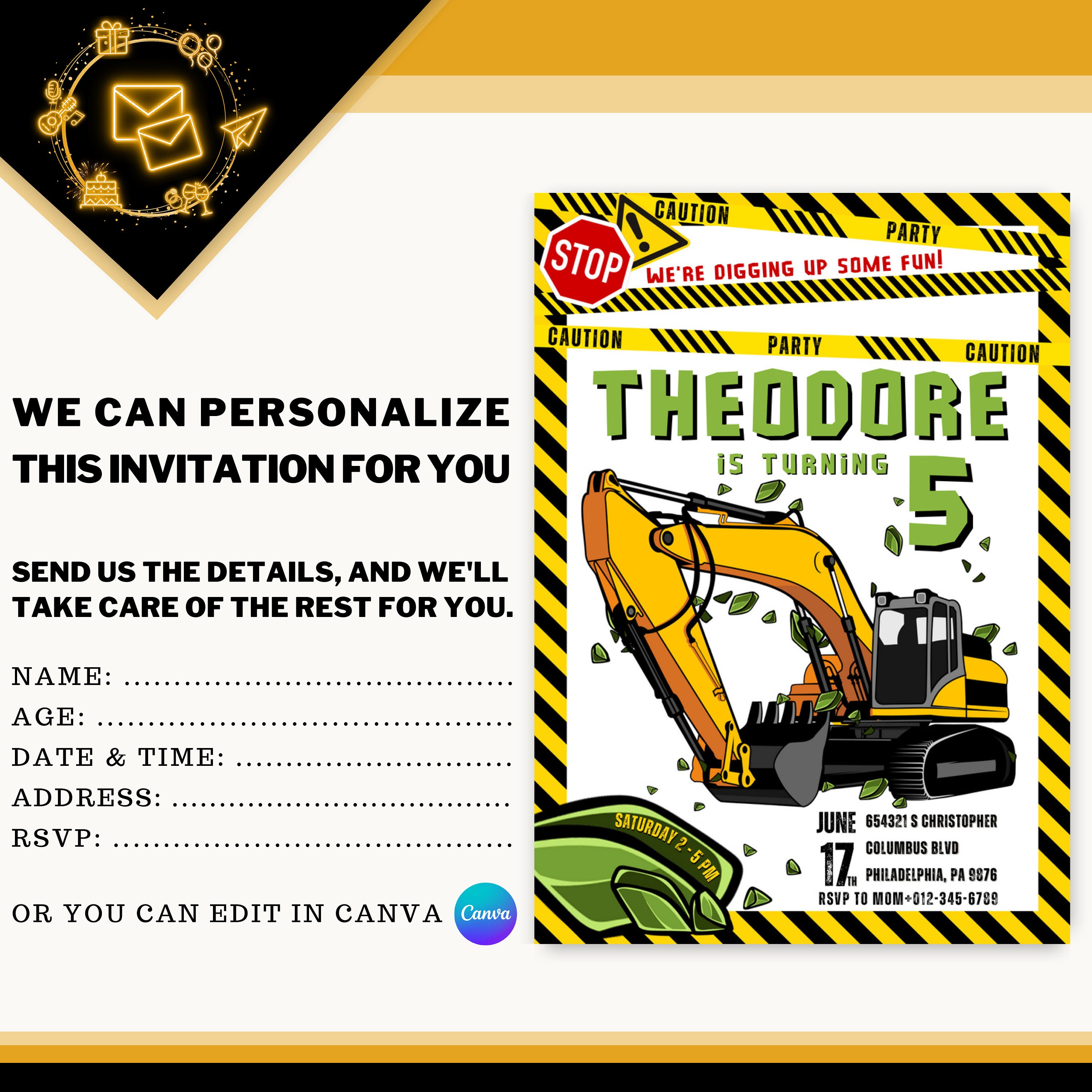 Excavator Digital Birthday Invitation, Construction Theme Birthday ...
