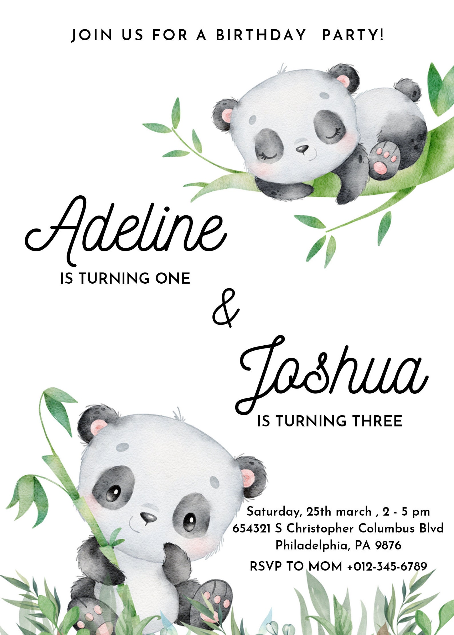 Editable Panda Birthday Party Invitation, Printable Birthday Invite, 3 ...