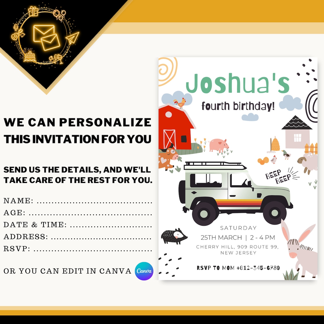 Editable Jeep Birthday Invitation, Cars Theme Party, 4 Year Old ...