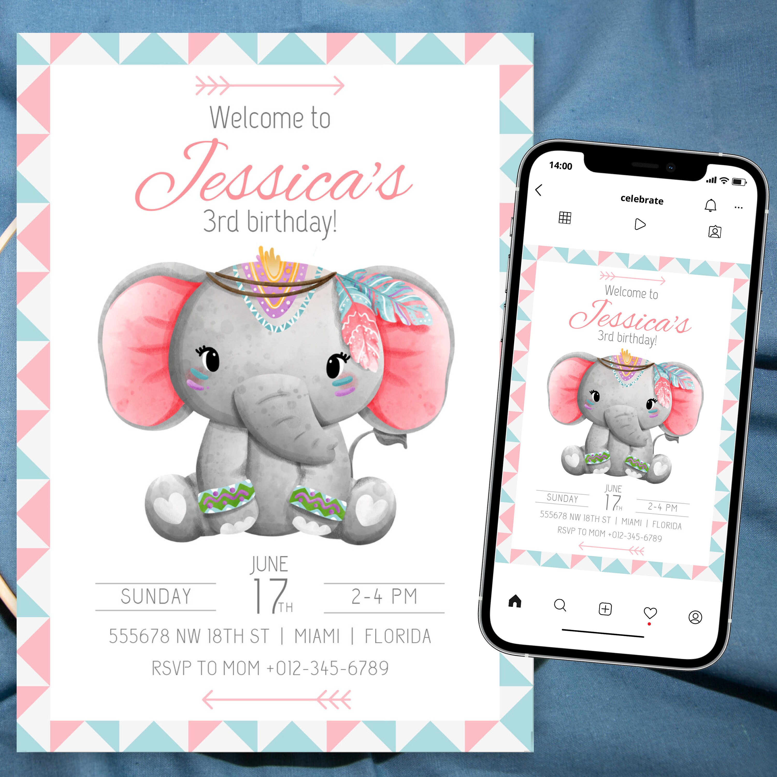 Cute Elephant Birthday Party Invitation, Editable Elephant Birthday ...