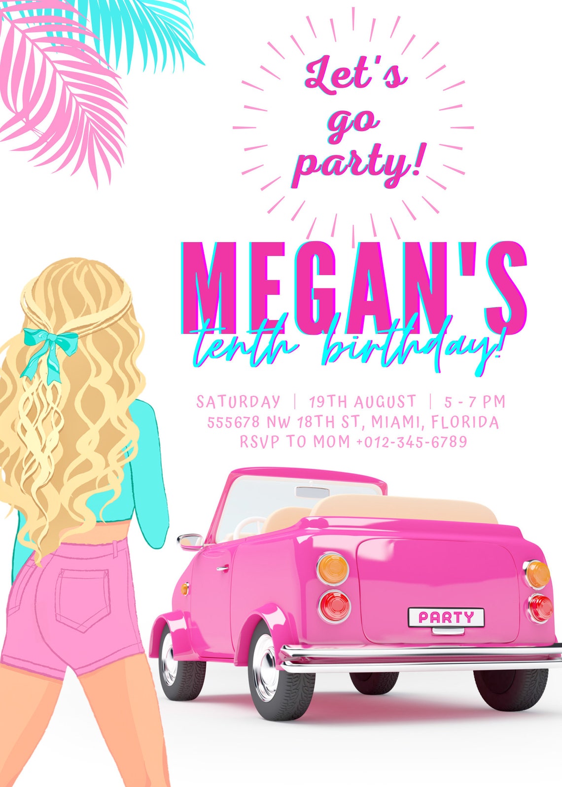Editable Girl Birthday Party Invitation, Girl Car Invitation, Pink ...