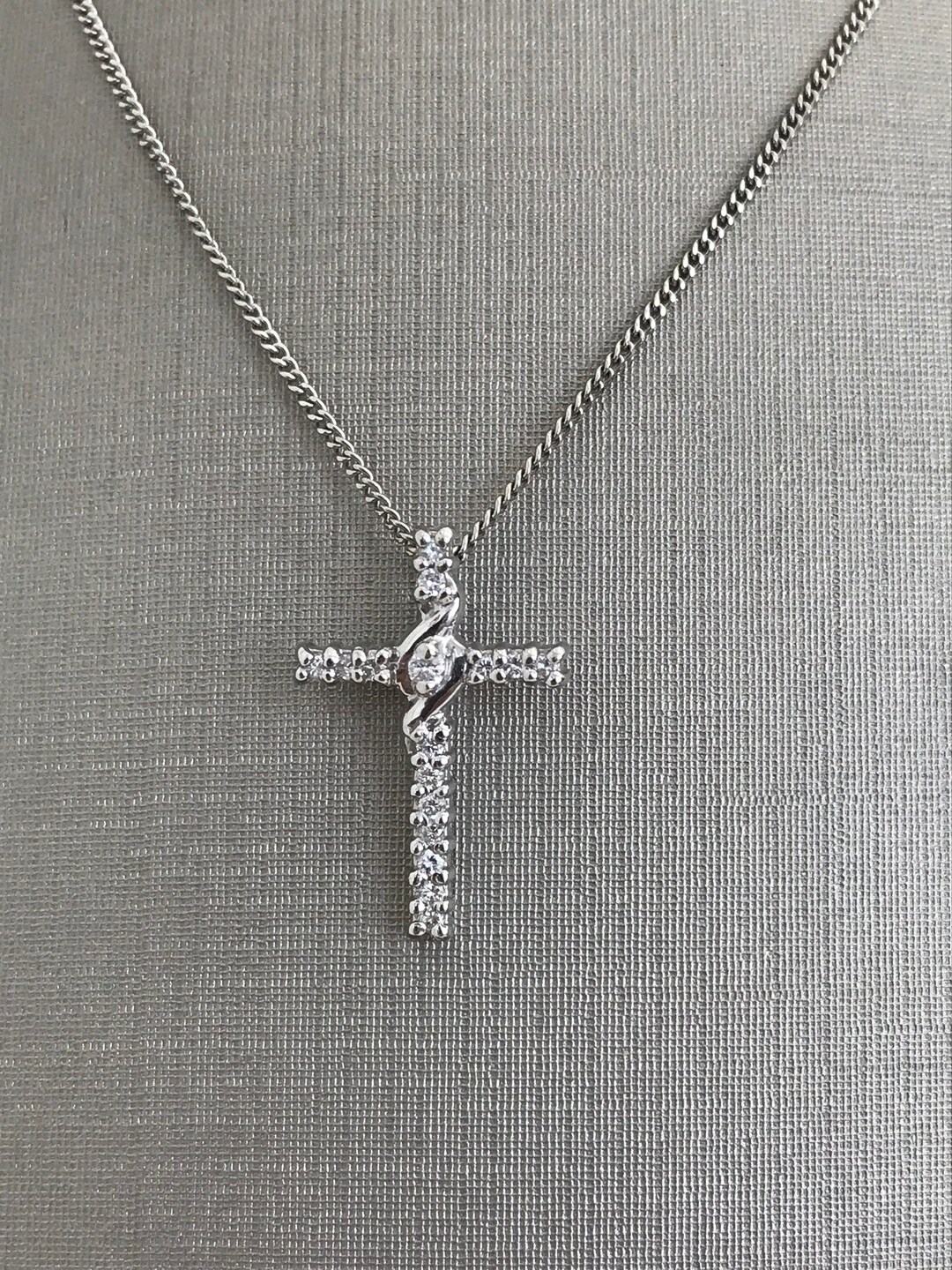 14 Karat White Gold Medium Size Cross With Diamonds and Chain for Her ...