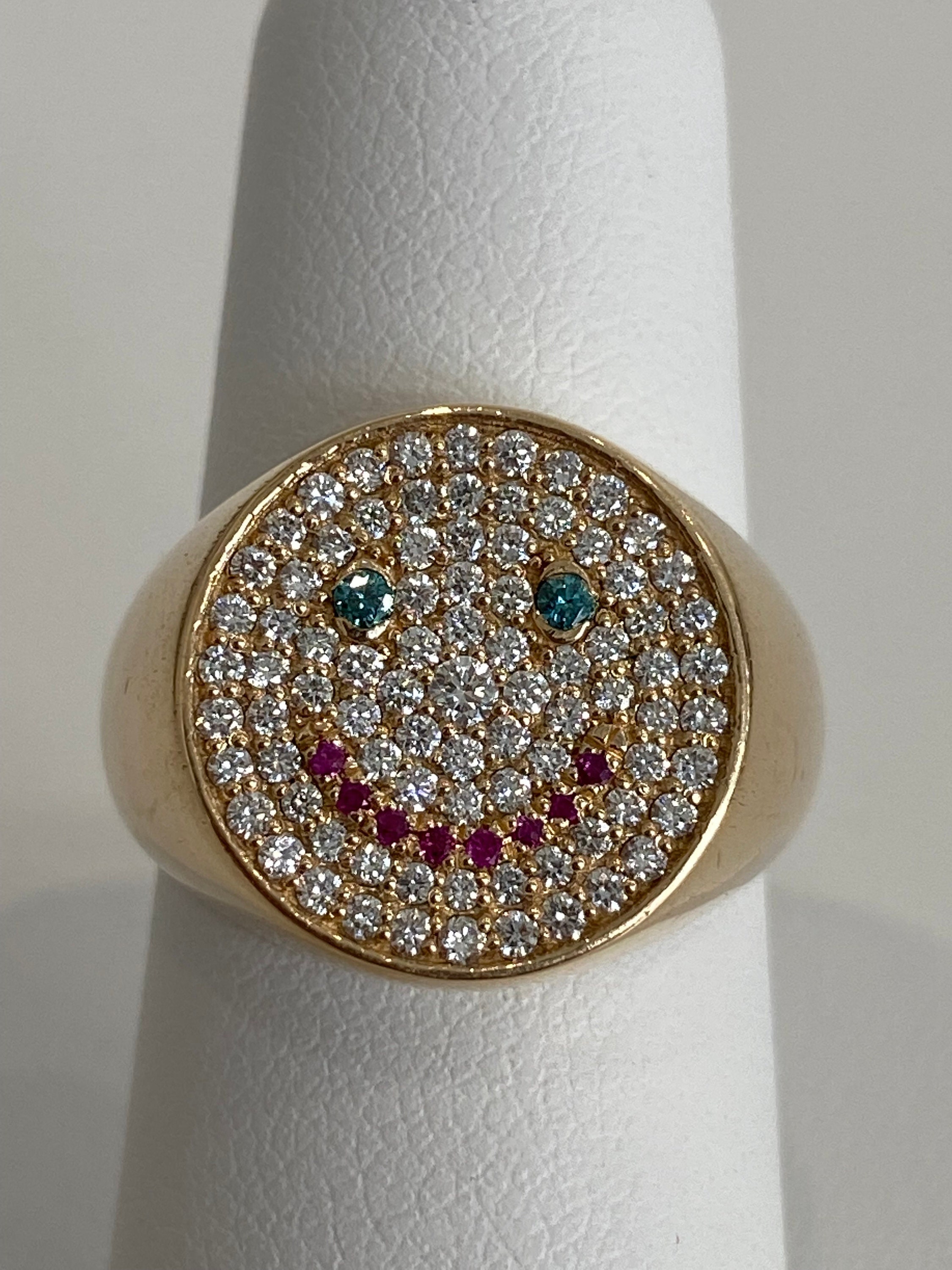 Emoji Smiley Face Ring White and Blue Diamonds Micro Pave - Etsy