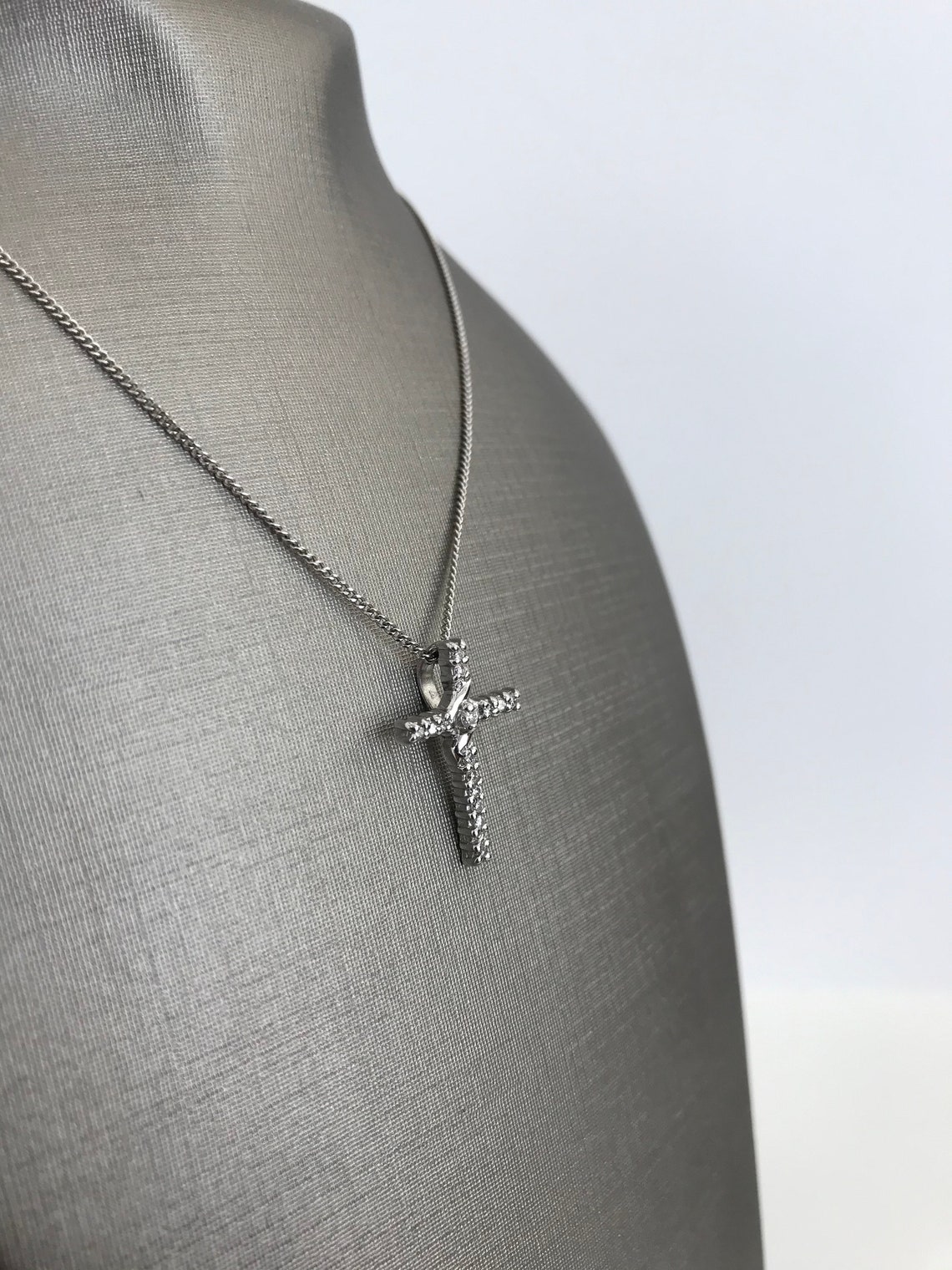 14 Karat White Gold Medium Size Cross With Diamonds and Chain for Her ...