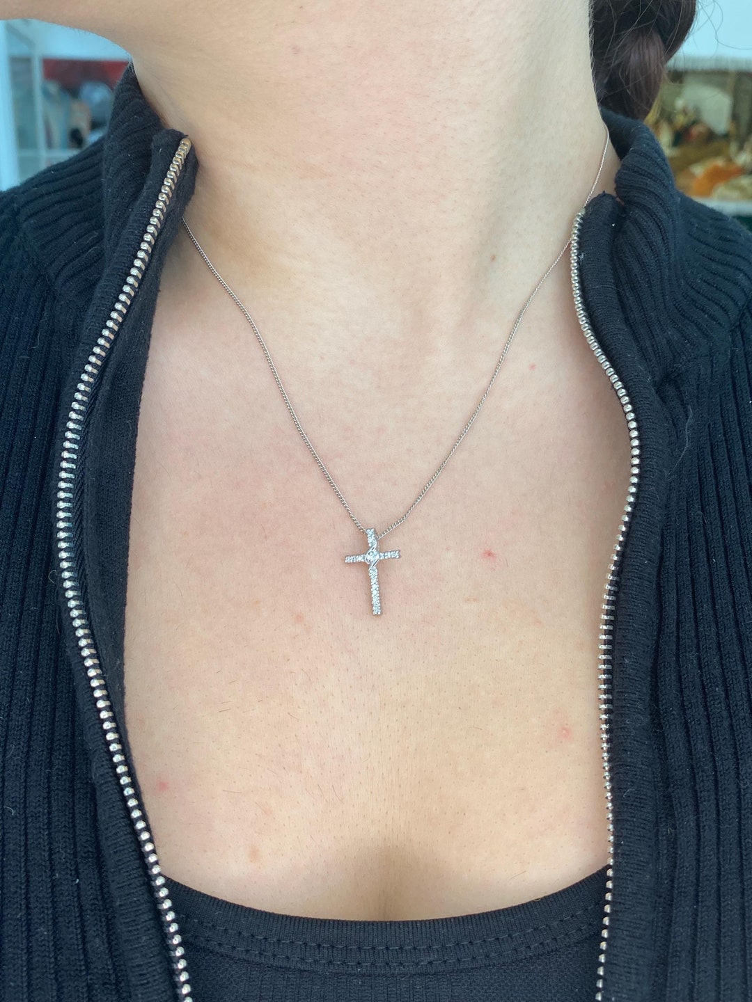 14 Karat White Gold Medium Size Cross With Diamonds and Chain for Her ...