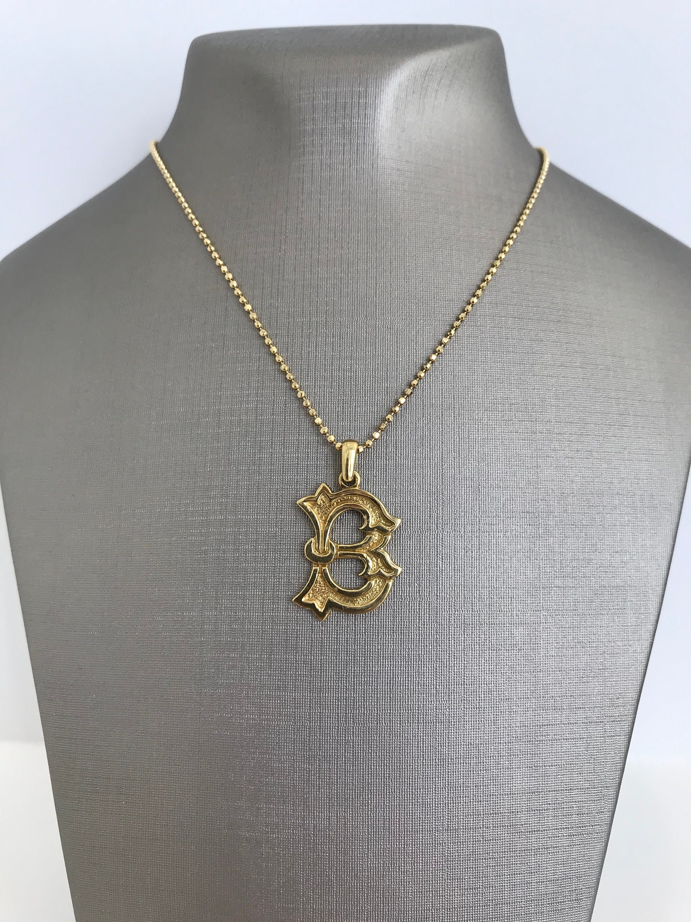 18 Karat Yellow Gold Initial Letter b Pendant With Small Bead Chain for ...