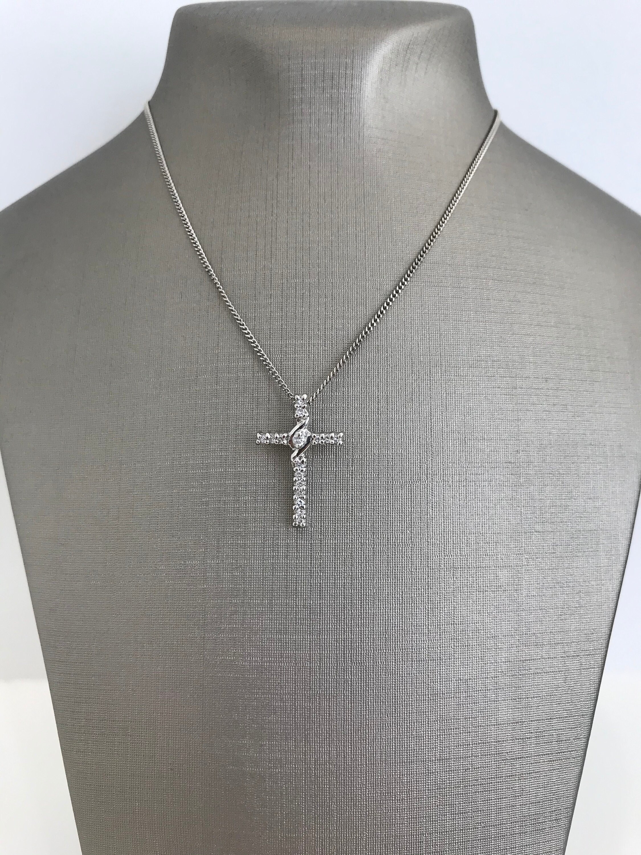 14 Karat White Gold Medium Size Cross With Diamonds and Chain for Her ...