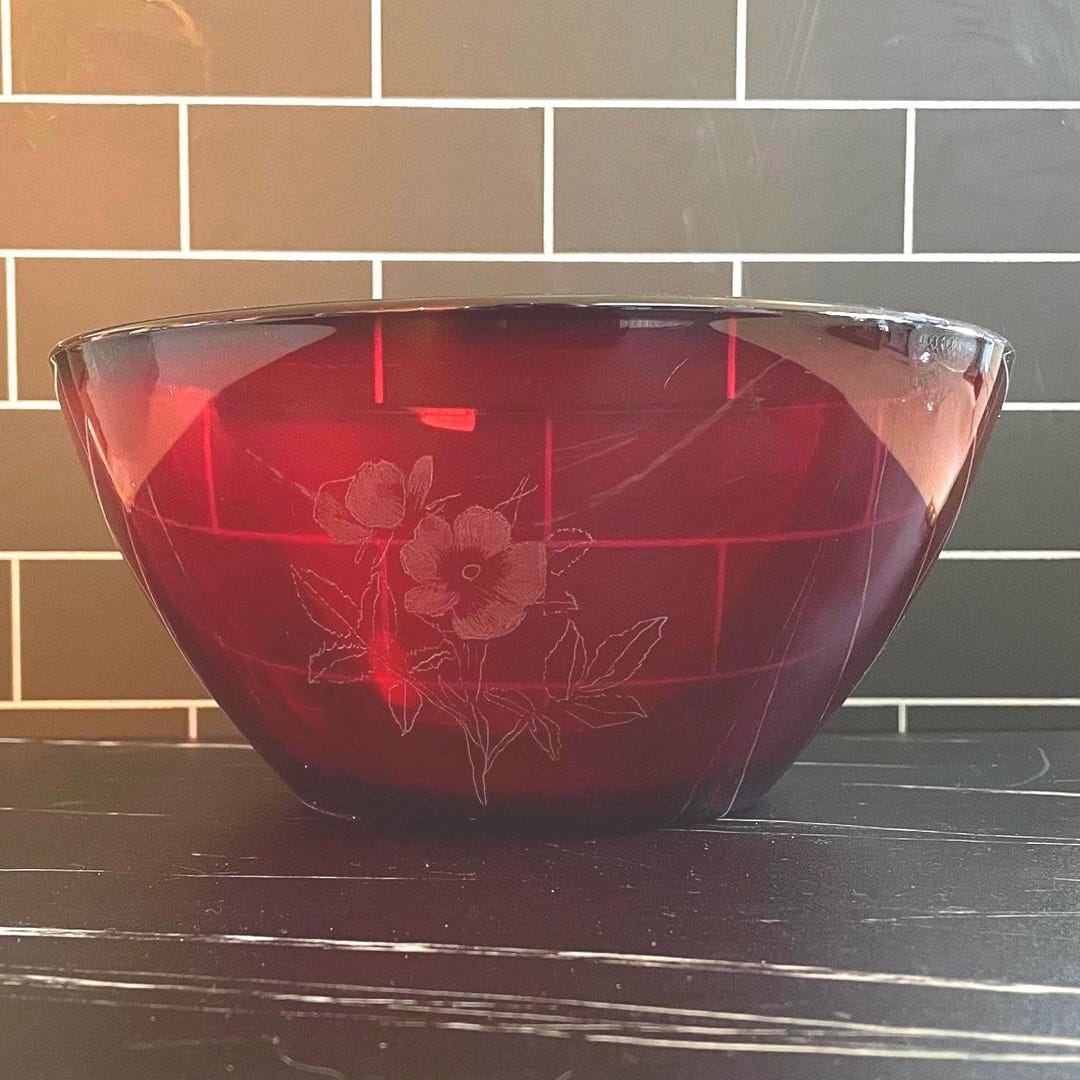 Arcoroc Ruby Red Serving Bowl - Vintage Glass Bowl - Red Salad Bowl ...