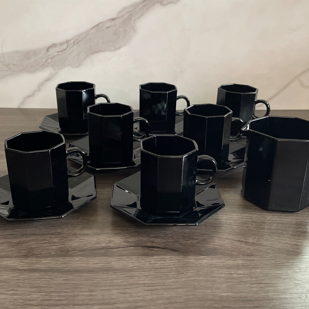 15 Piece Vintage Arcoroc Octime Black Espresso Set - Octagon Dishes ...