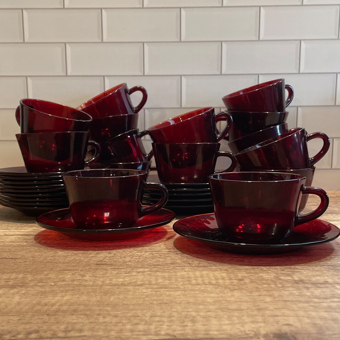 32 Piece Set Arcoroc Ruby Red Cups and Saucers - Vintage Glass - Red ...