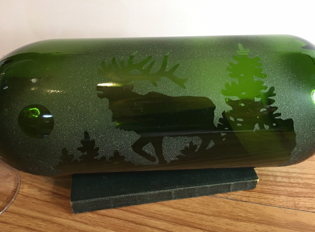 Elk Etched Green Glass Bottle Display Bottle Man Cave Rec Room Bar Ware ...