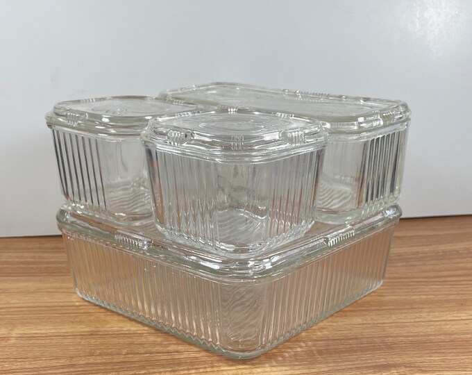 Rare! Complete Set of 4 Vintage Ribbed Clear Federal Glass Refrigerator ...