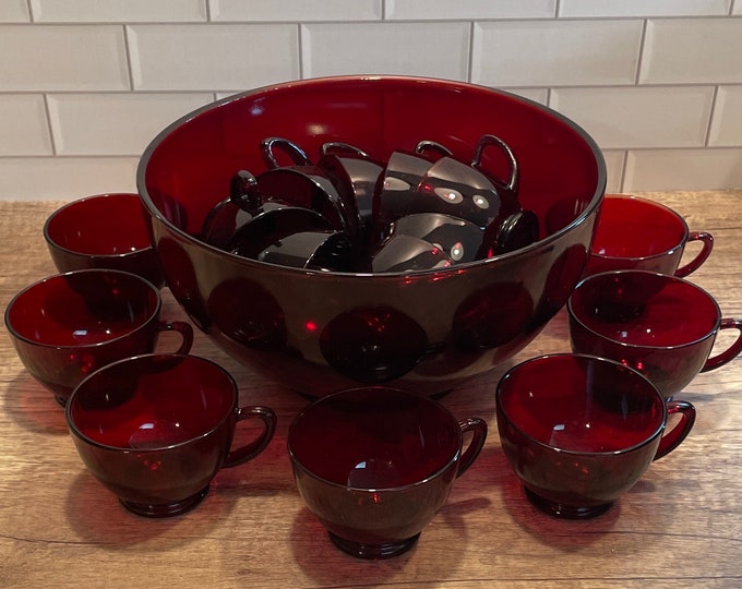 16 Piece Royal Ruby Red Punch Bowl Set by Anchor Hocking - Vintage ...