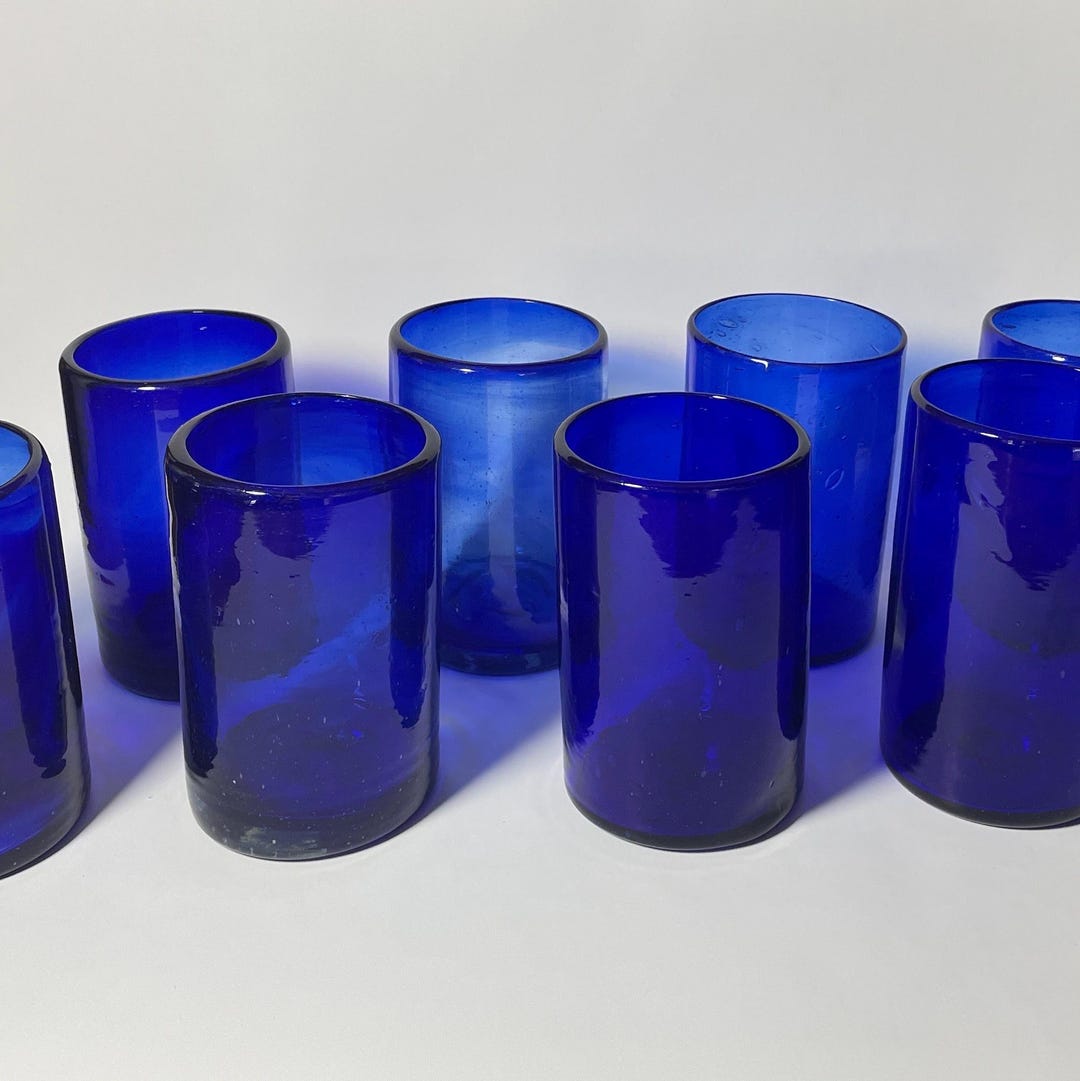 8 Cobalt Blue Hand Blown Tumblers - Seeded Bubble Glassware - Vintage ...