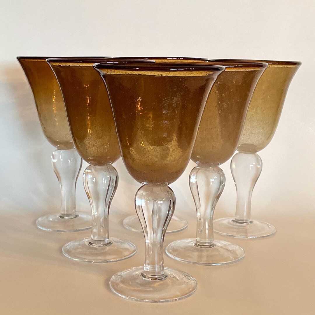 6 Large Gold Ombré Seeded Bubble Hand Blown Water Goblets - Vintage ...