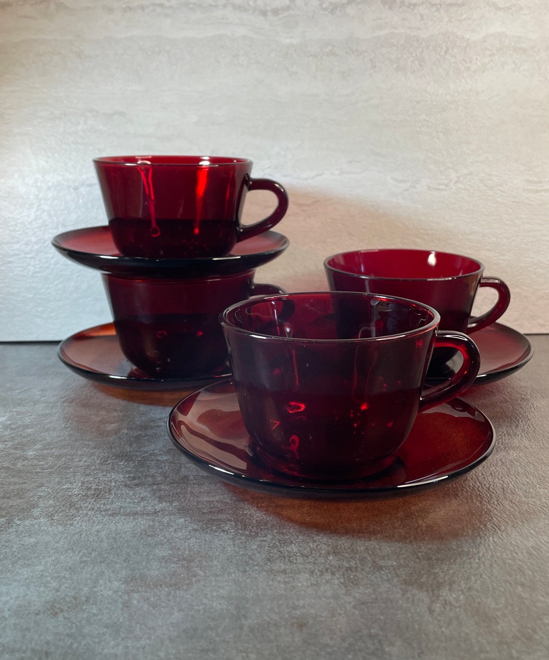 Set of 4 Arcoroc Ruby Red Cups and Saucers - Vintage Glass - Red Mugs ...
