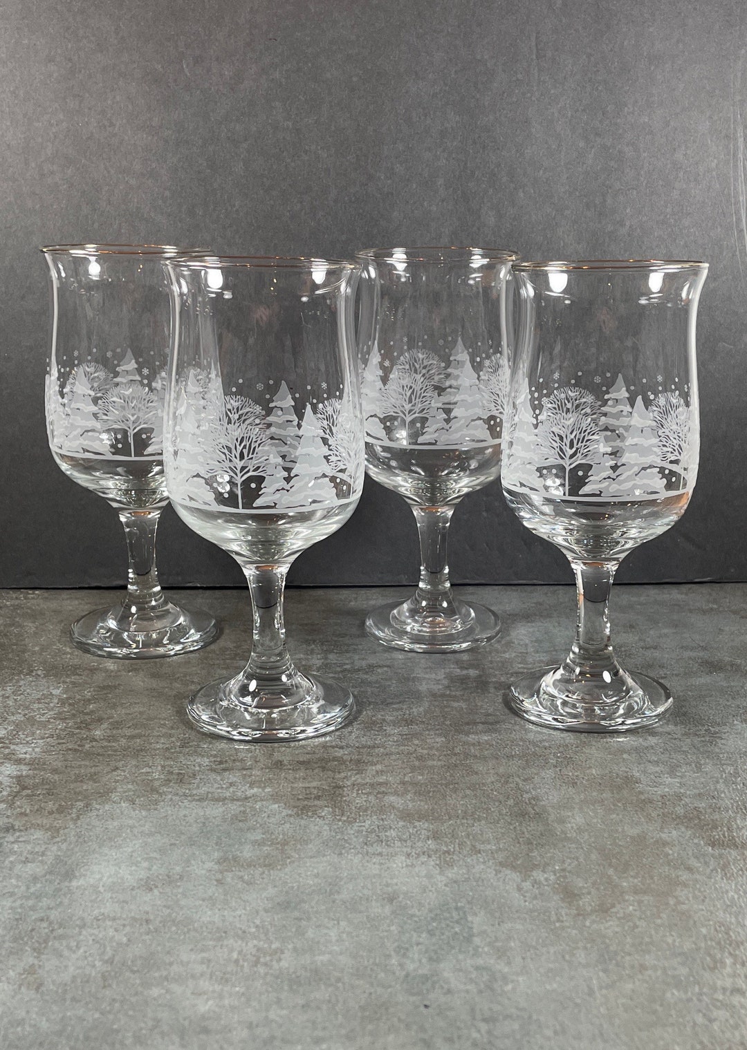 Set of 4 Frosted Libbey Christmas Water Goblets Wine Glasses Gold Trim ...