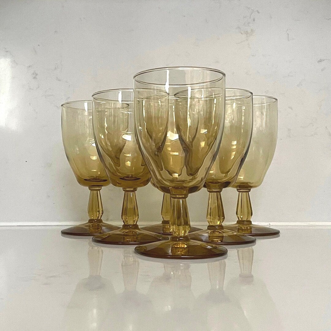 Set of 6 Amber Water Goblets - Honey Gold Glasses - Mid Century Glasses ...