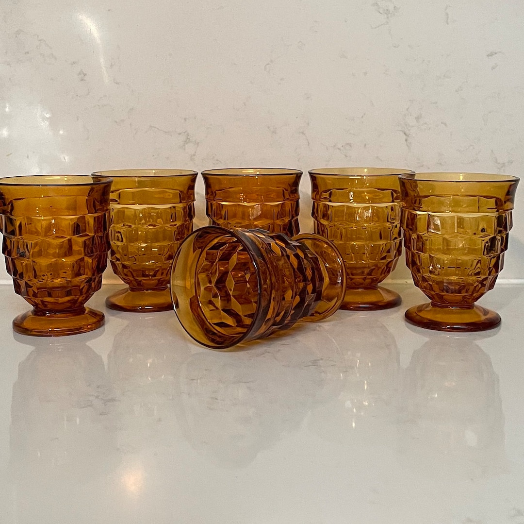 Set of Six Colony Whitehall Amber Gold Footed Tumbler Glass Vintage ...