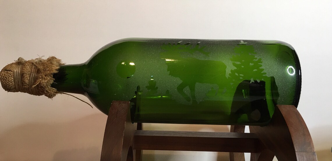 Elk Etched Green Glass Bottle Display Bottle Man Cave Rec Room Bar Ware ...