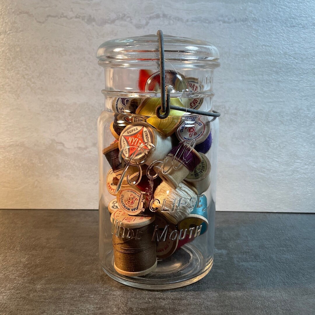 22 Wooden Thread Spools in an Antique Ball Eclipse Jar With Wire Bale ...