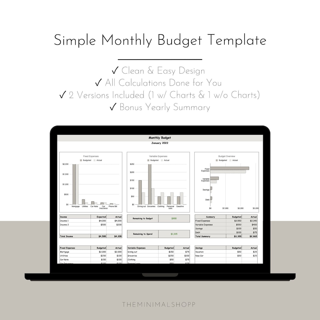 Simple Monthly Budget Spreadsheet | Budget Template | Financial Planner ...