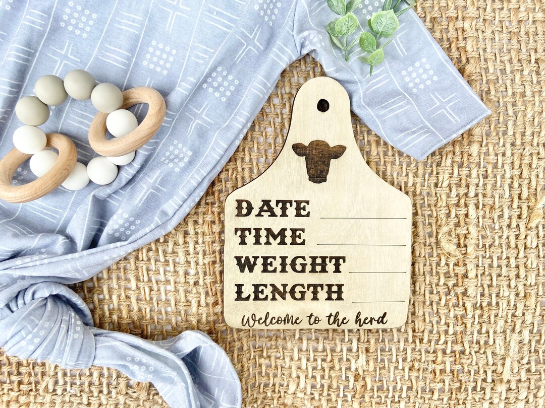Cow Ear Tag Baby Birth Announcement, Farm Wood Baby Signs, Personalized ...
