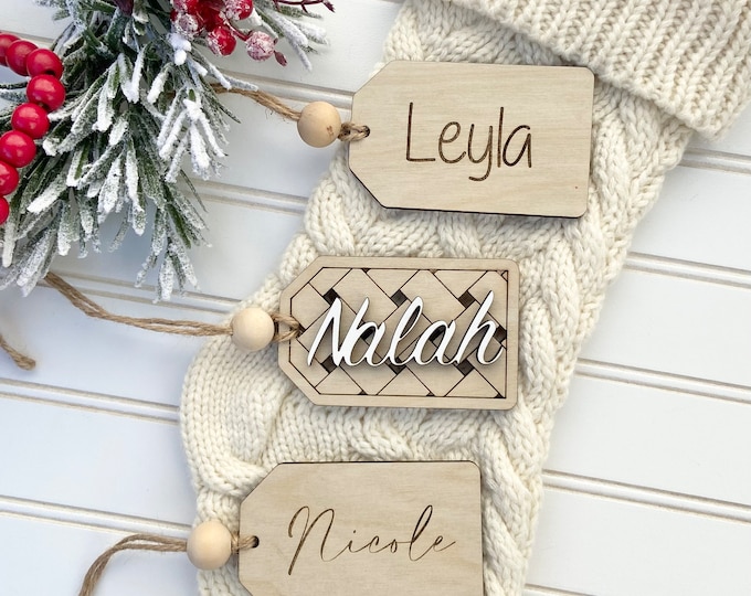 Beaded Wooden Christmas Stocking Name Tag, Personalized Stocking Tag ...